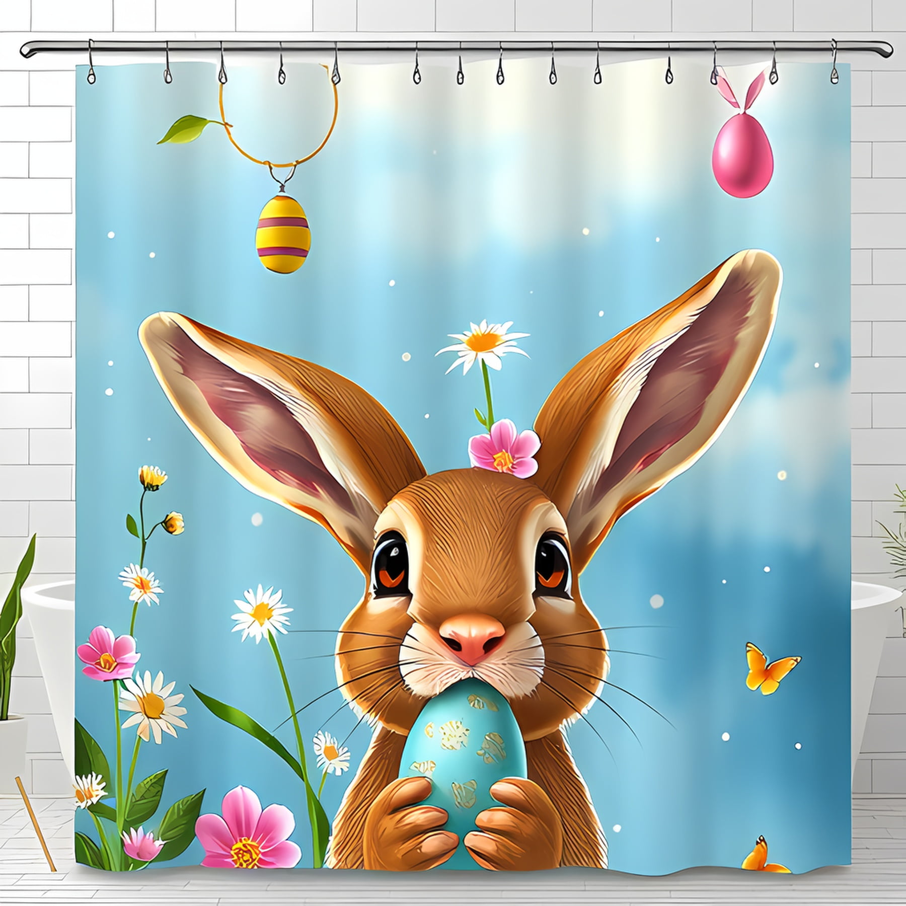 Charming Rabbit Shower Curtain with Easter Eggs & Spring Flowers ...