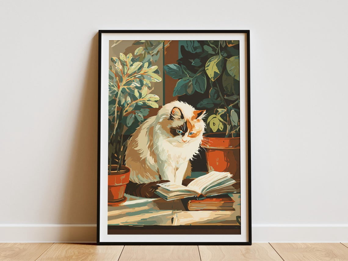 Charming Ragdoll Cat Reading Cozy Feline Book Lover Elegant Vintage ...