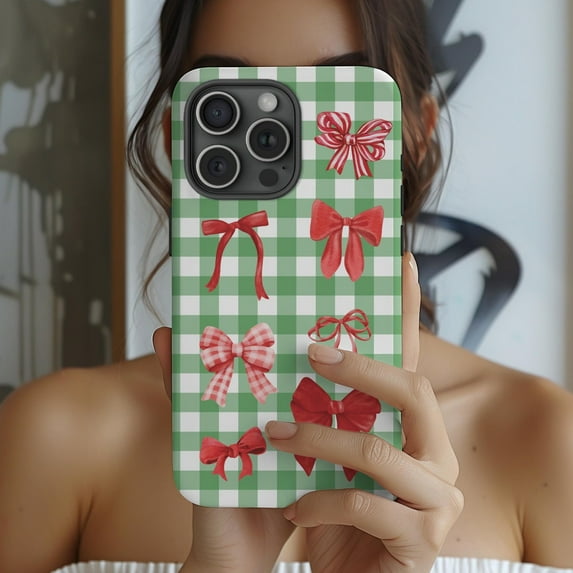 Charming Red Bows Green Gingham Festive Phone Case 17 16 15 14 13 12 11 ...