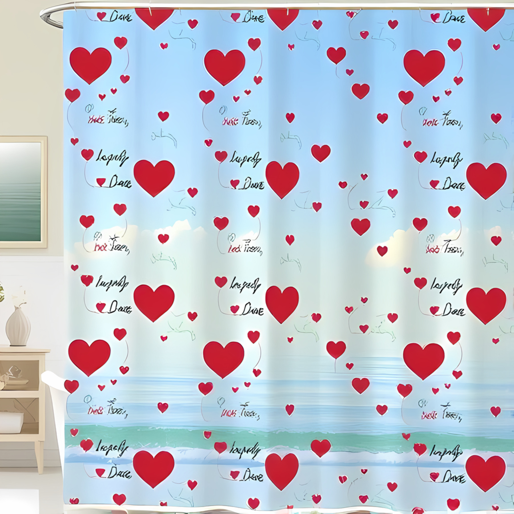 Charming Red Hearts Shower Curtain on Light Blue Ocean Backdrop ...