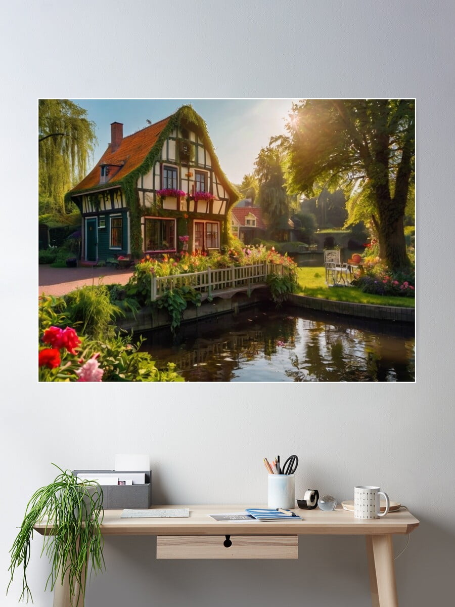 Charming Riverside Garden Cottage Poster Wall Art, Modern Wall Decor ...