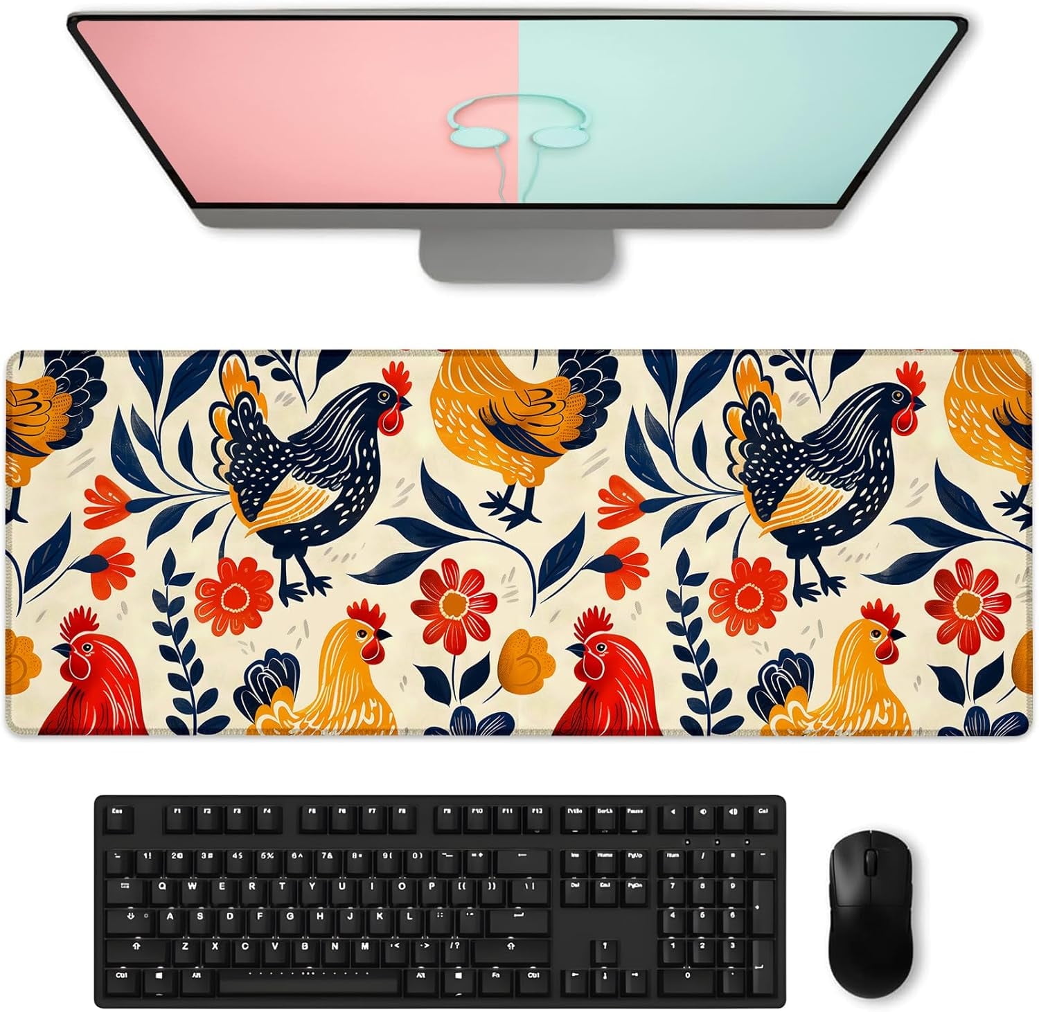 Charming Rooster Gaming Mouse Pad, Large Farmhouse Chick & Floral Desk ...