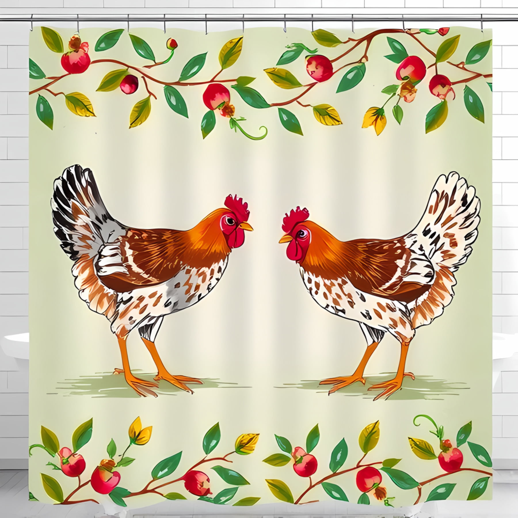 Charming Rooster Shower Curtain Vibrant Farmhouse Design with Leafy ...