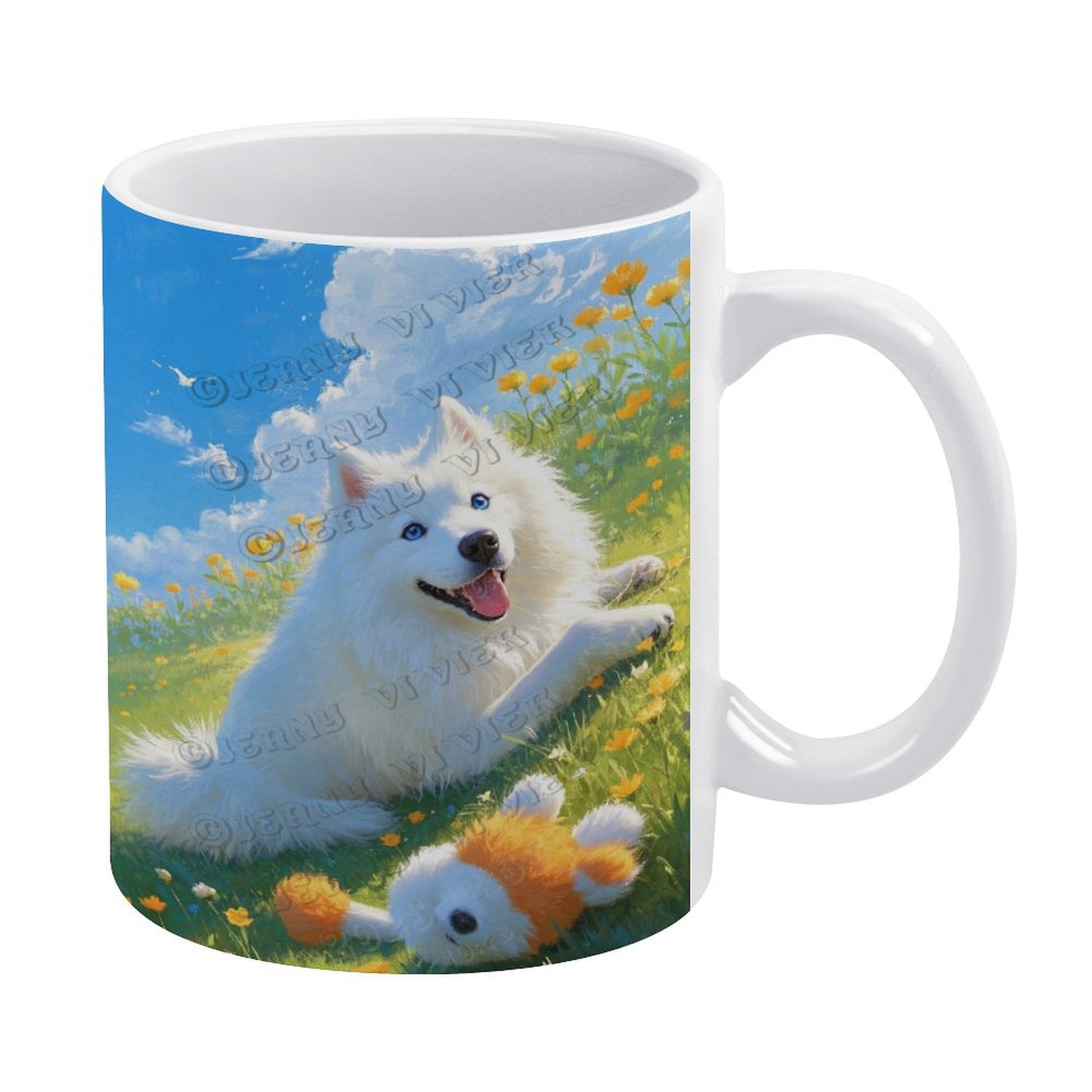 Charming Samoyed Dog Illustration Mug - 11 oz White Ceramic Coffee Cup ...