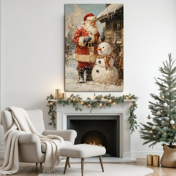 Charming Santa Building Snowman Wall Art Festive Santa Claus Poster ...