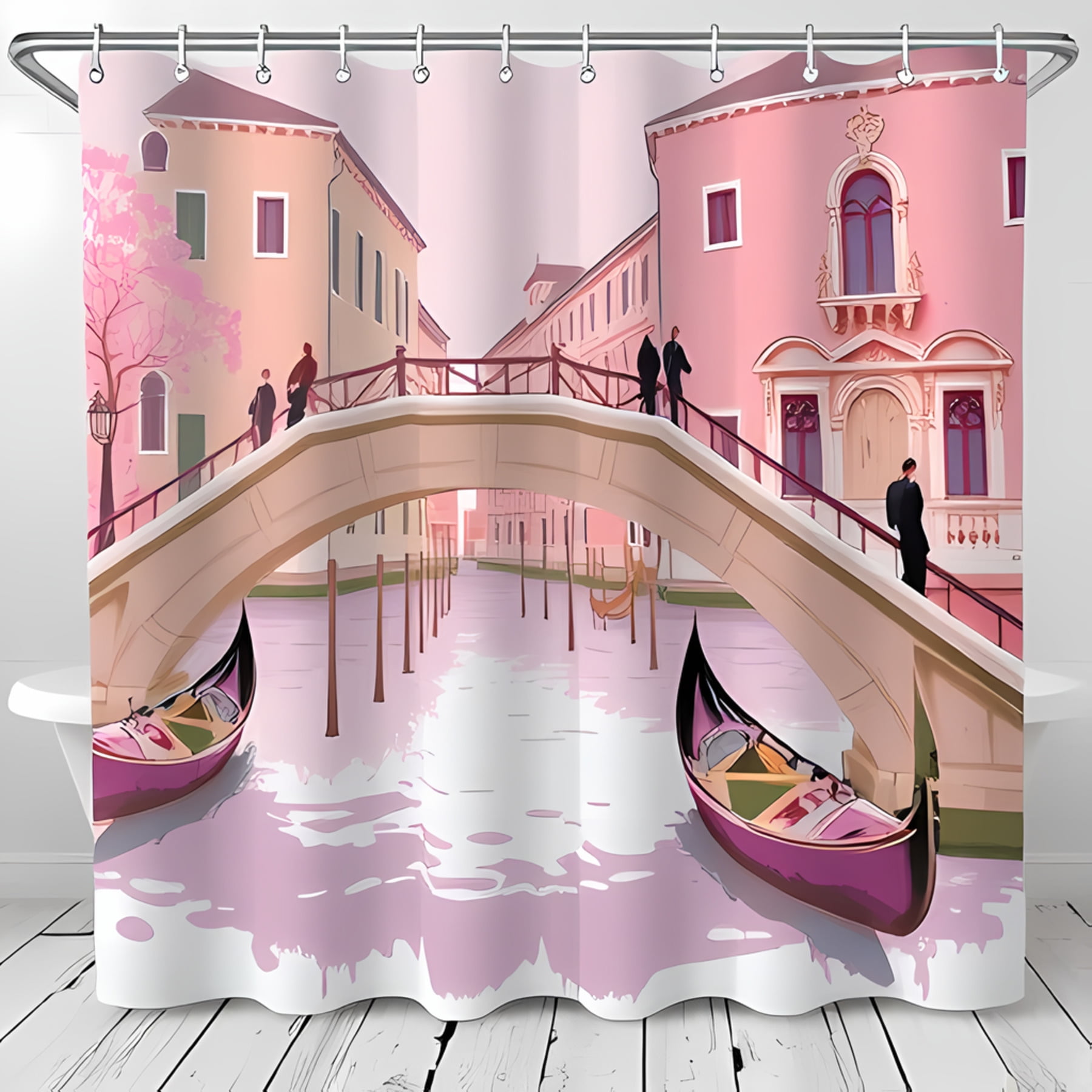 Charming Scene Shower Curtain - Pink - Hued Buildings & Gondolas Design ...