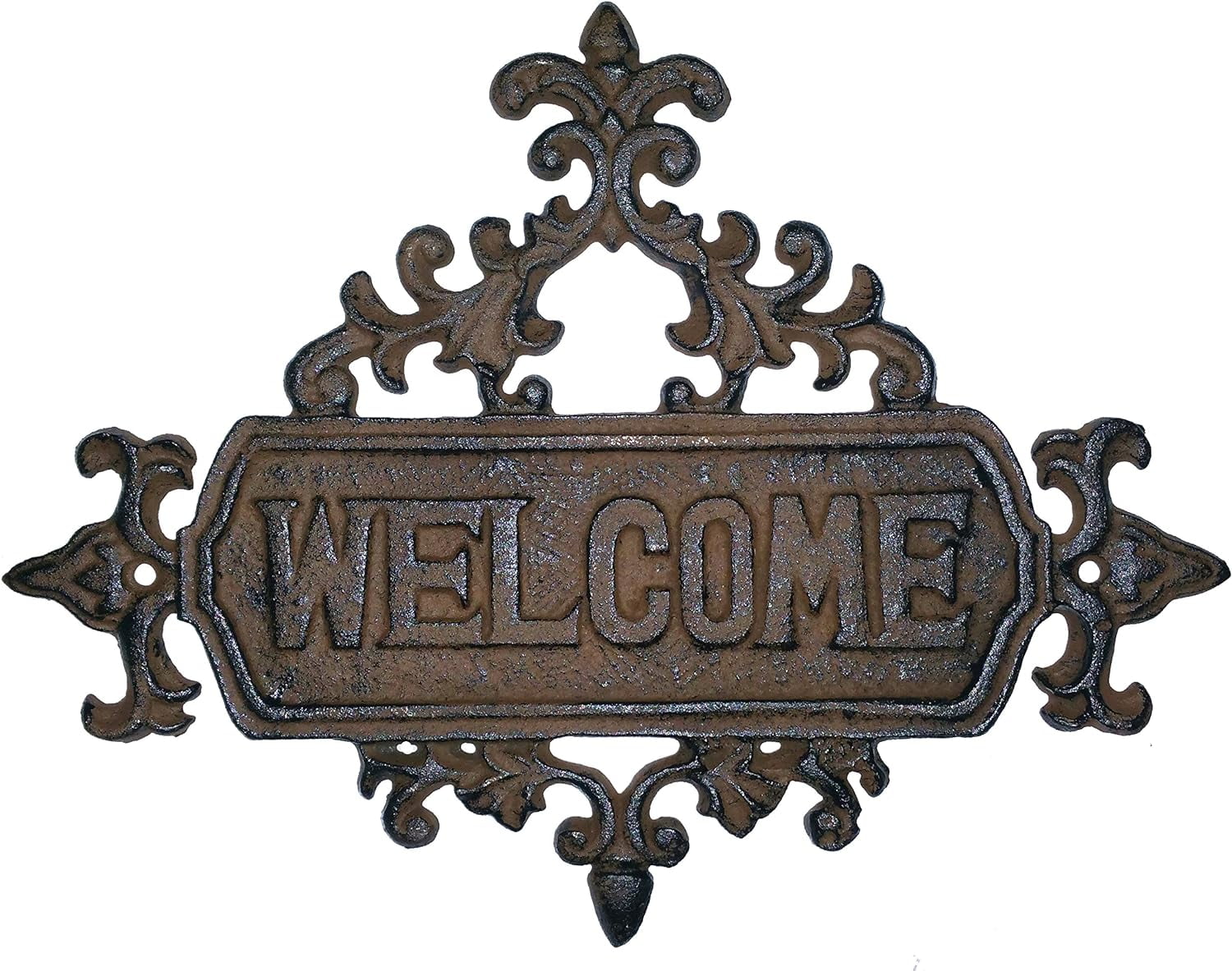 Charming Scrolled Fleur De Lis Welcome Plaque - Brushed Brown Antique ...