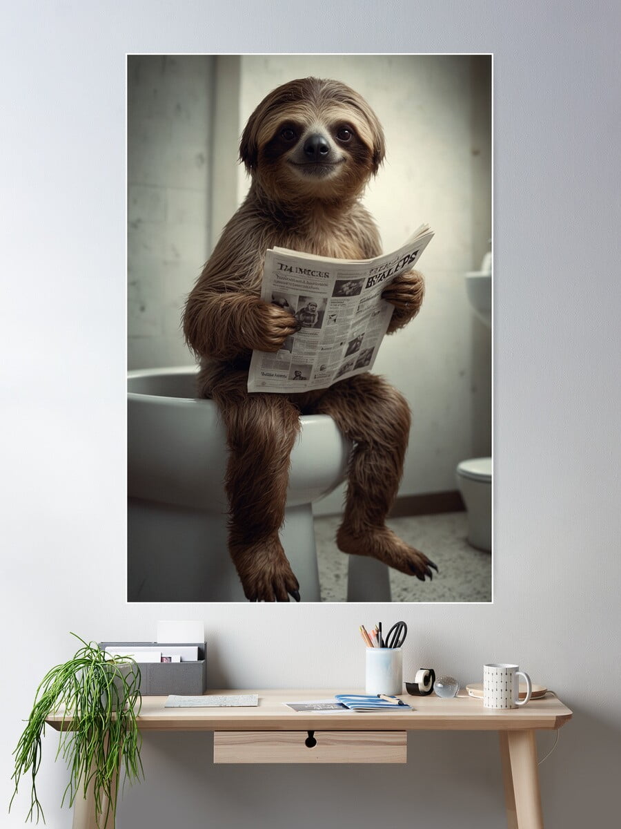 Charming Sloth Reading Newspaper On Toilet Poster Wall Art, Modern Wall ...