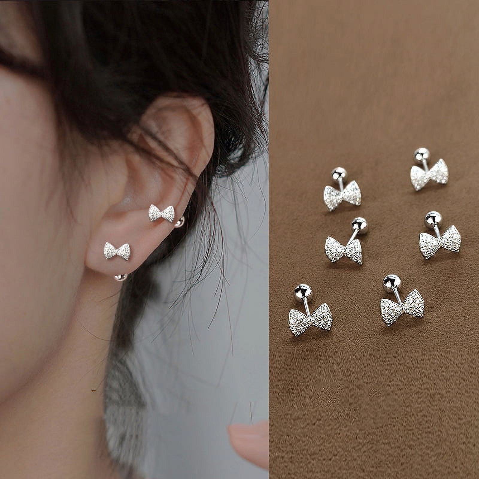 Charming Small Bow Stud Earrings For Women Exquisite Pin Screw Ball Cute Ear Bone Studs Fashion ...