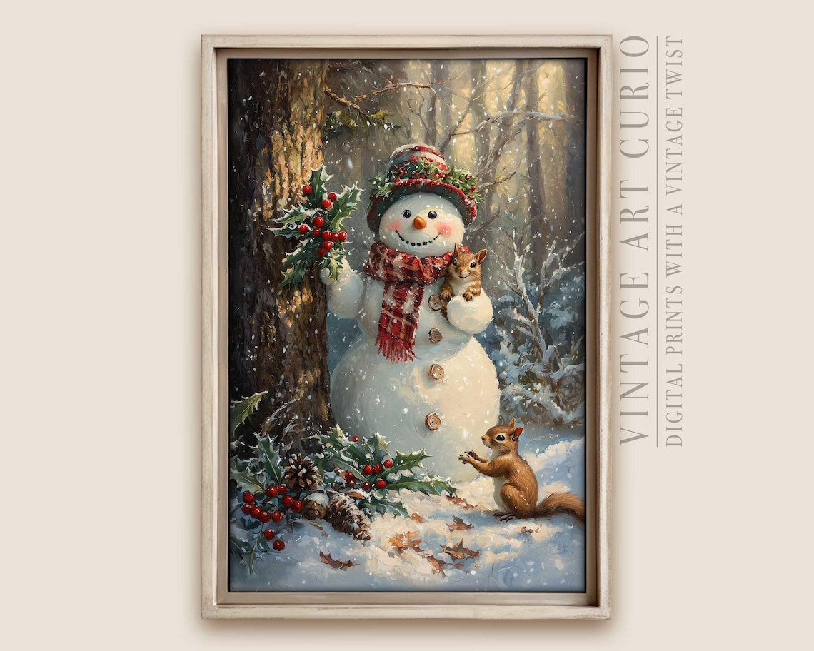 Charming Snowman And Woodland Squirrel Wall Art Print, Cozy Winter Art ...