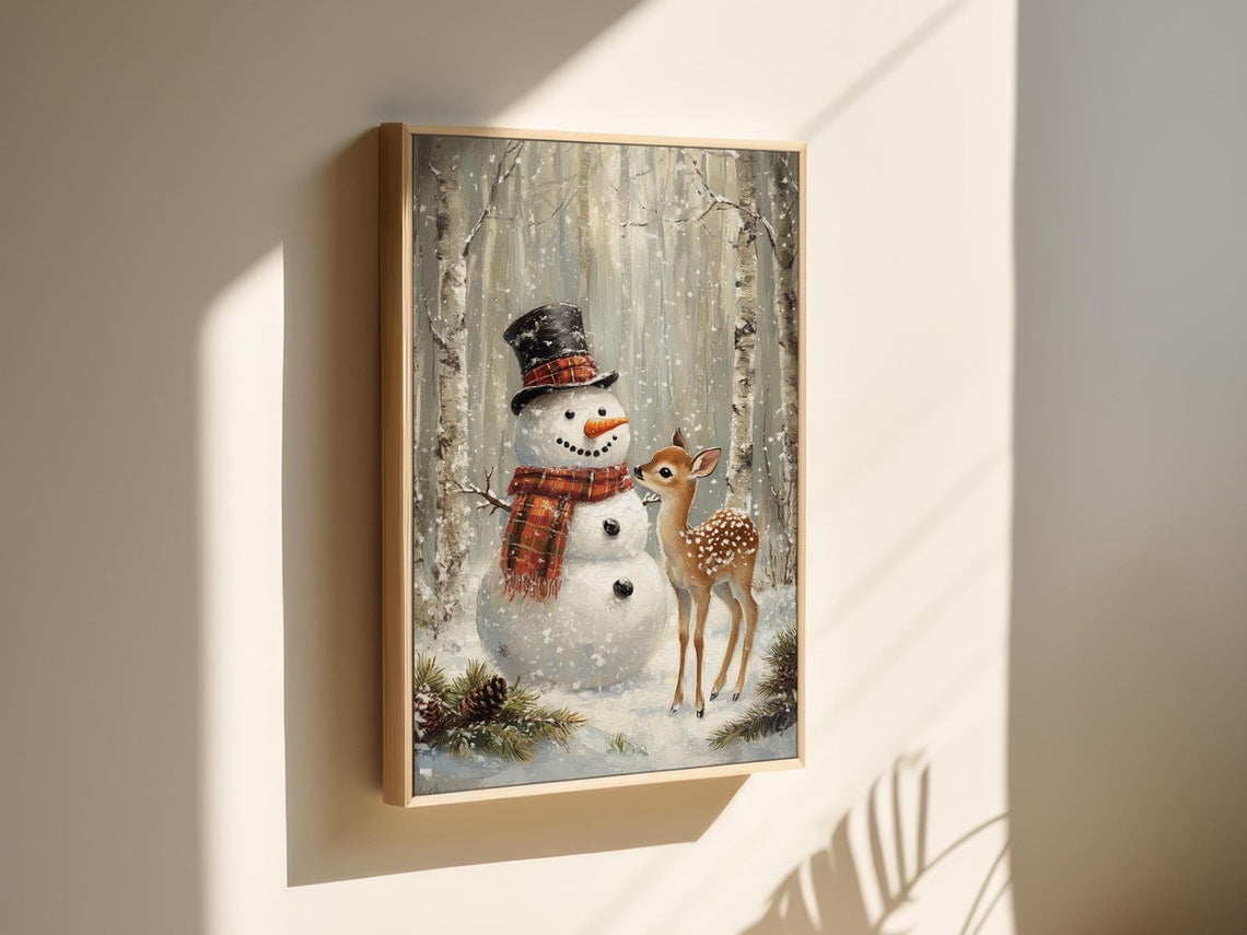 Charming Snowman And Fawn Winter Scene Wall Art For Festive Holiday ...