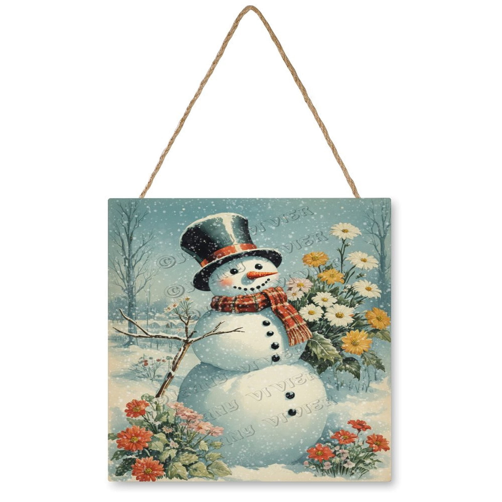 Charming Snowman with Floral Accents Wooden Hanging Sign - Christmas ...