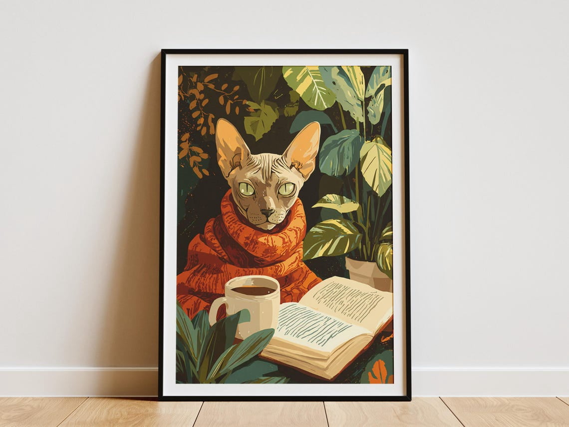 Charming Sphynx Cat cozy feline reading a book outdoors with coffee a ...
