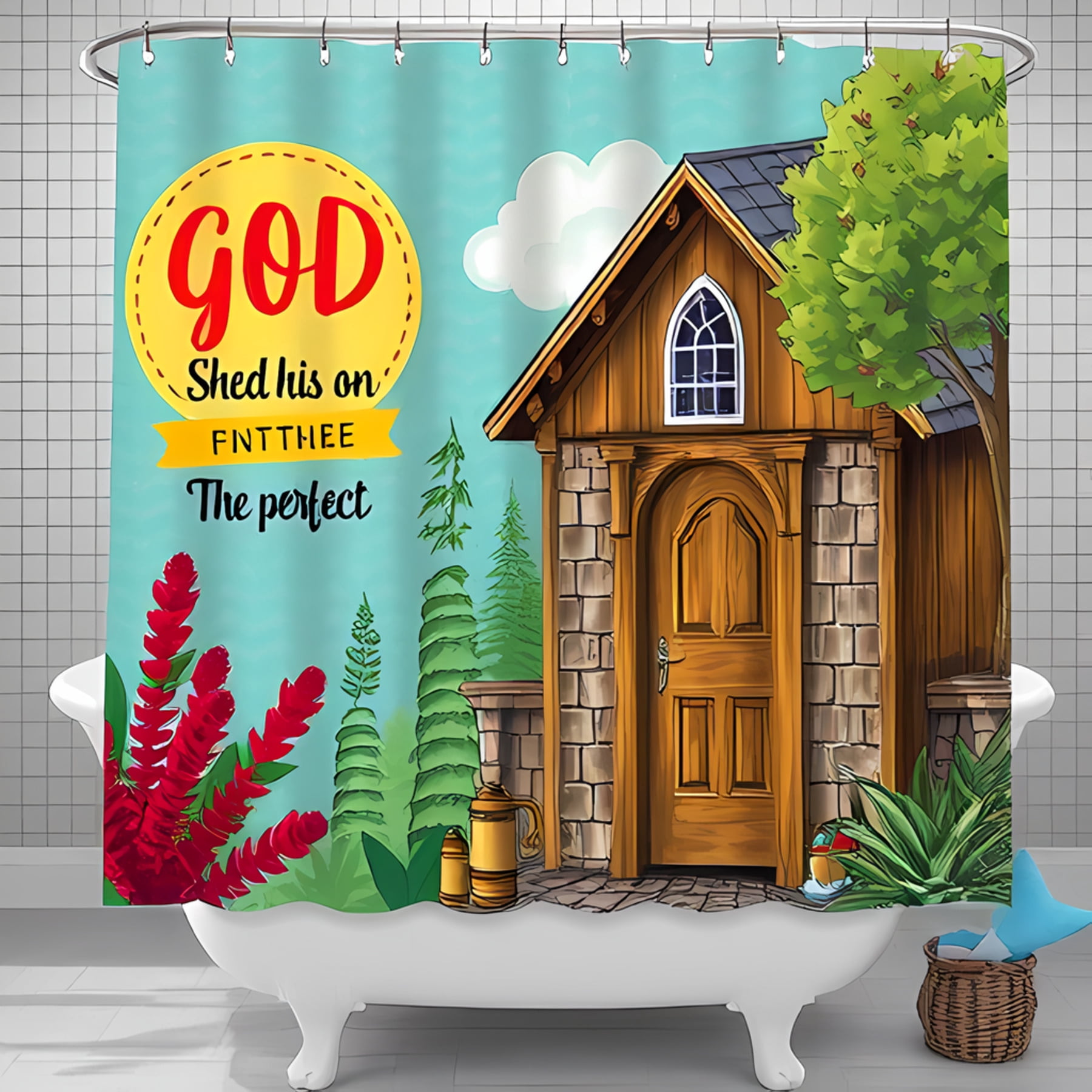 Charming Stone Cottage Shower Curtain with Forest and Inspirational ...