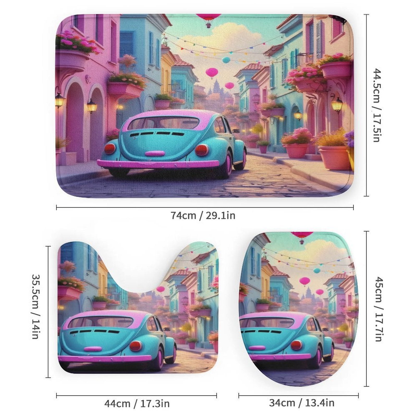 Charming Street with Vintage Car Bathroom Mats Sets 3 Piece, Bath Mat ...