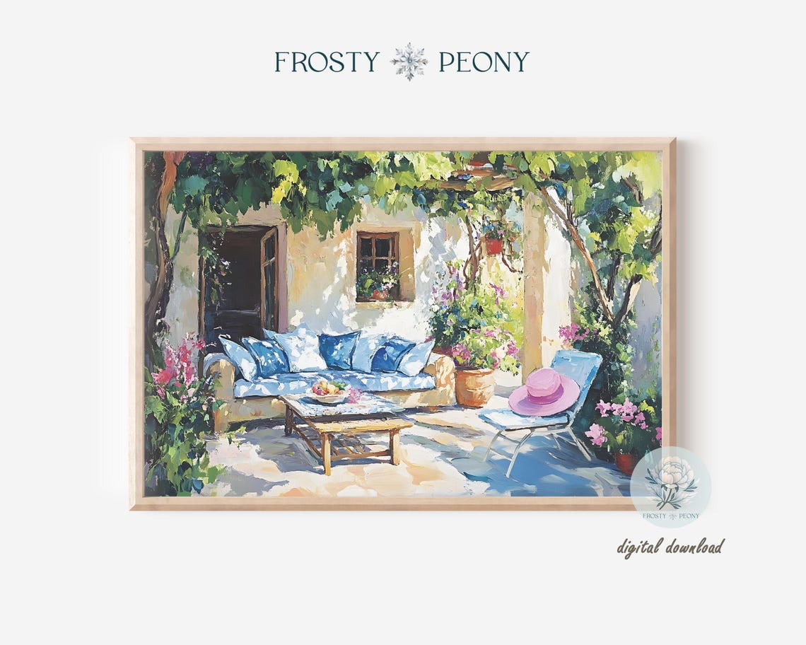 Charming Sunlit Mediterranean Courtyard Art Print, Floral Courtyard ...