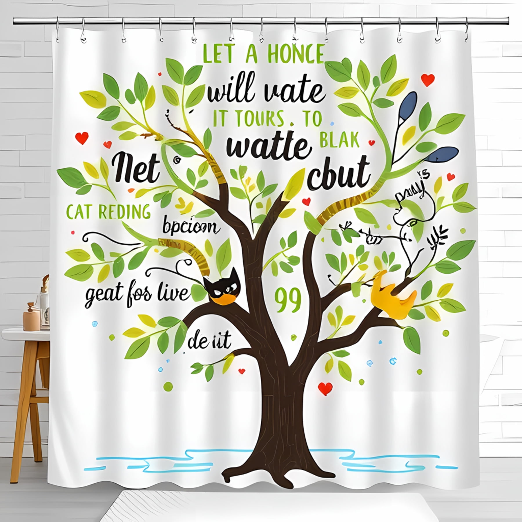 Charming Tree Design Shower Curtain with Black Cat Colorful Birds and ...