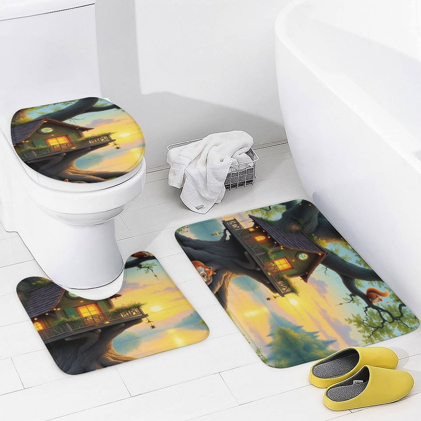 Charming Treehouse Sunset Bathroom Mats Sets 3 Piece, Bath Mat Earth ...