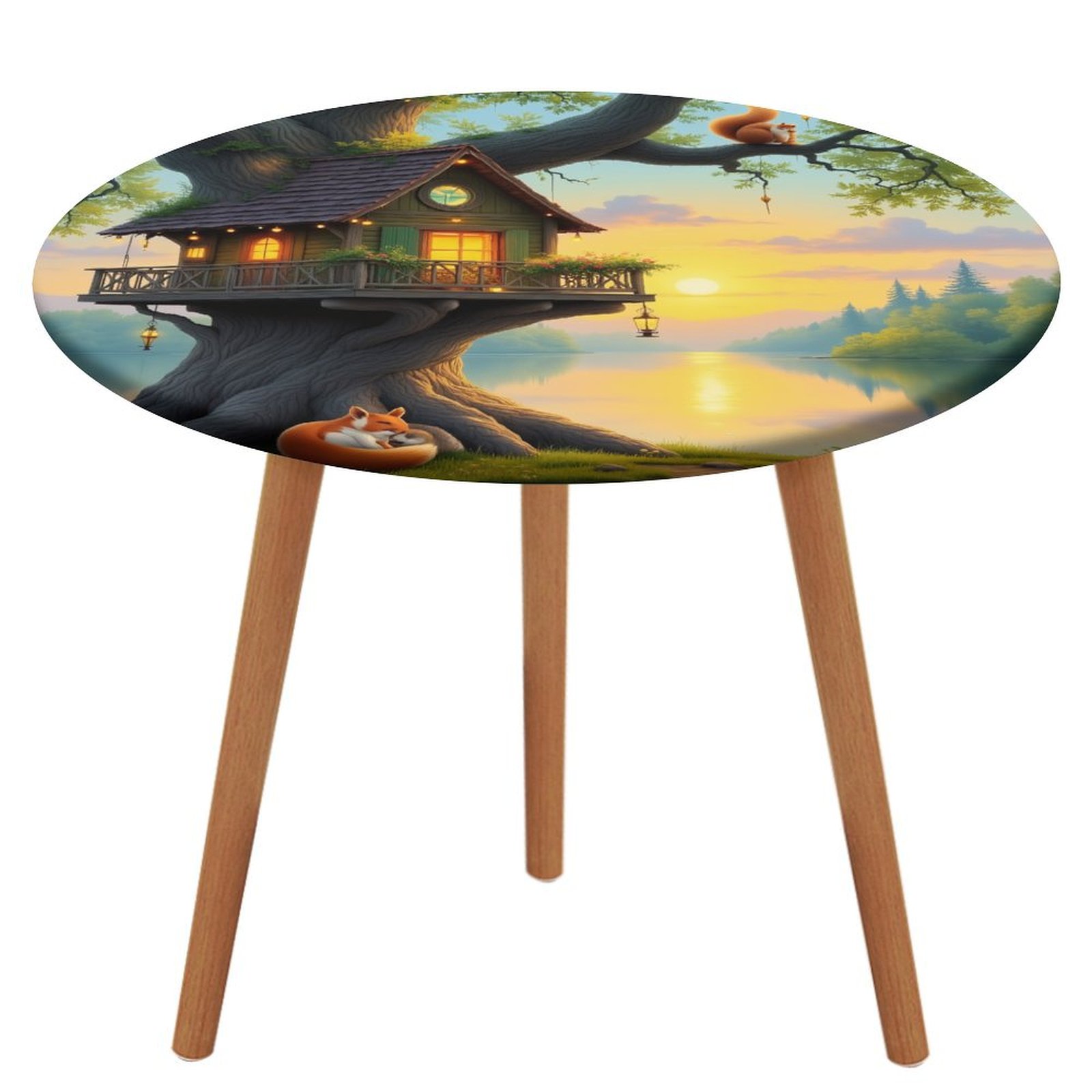 Charming Treehouse Sunset Pattern Round Tablecloth Waterproof Elastic ...