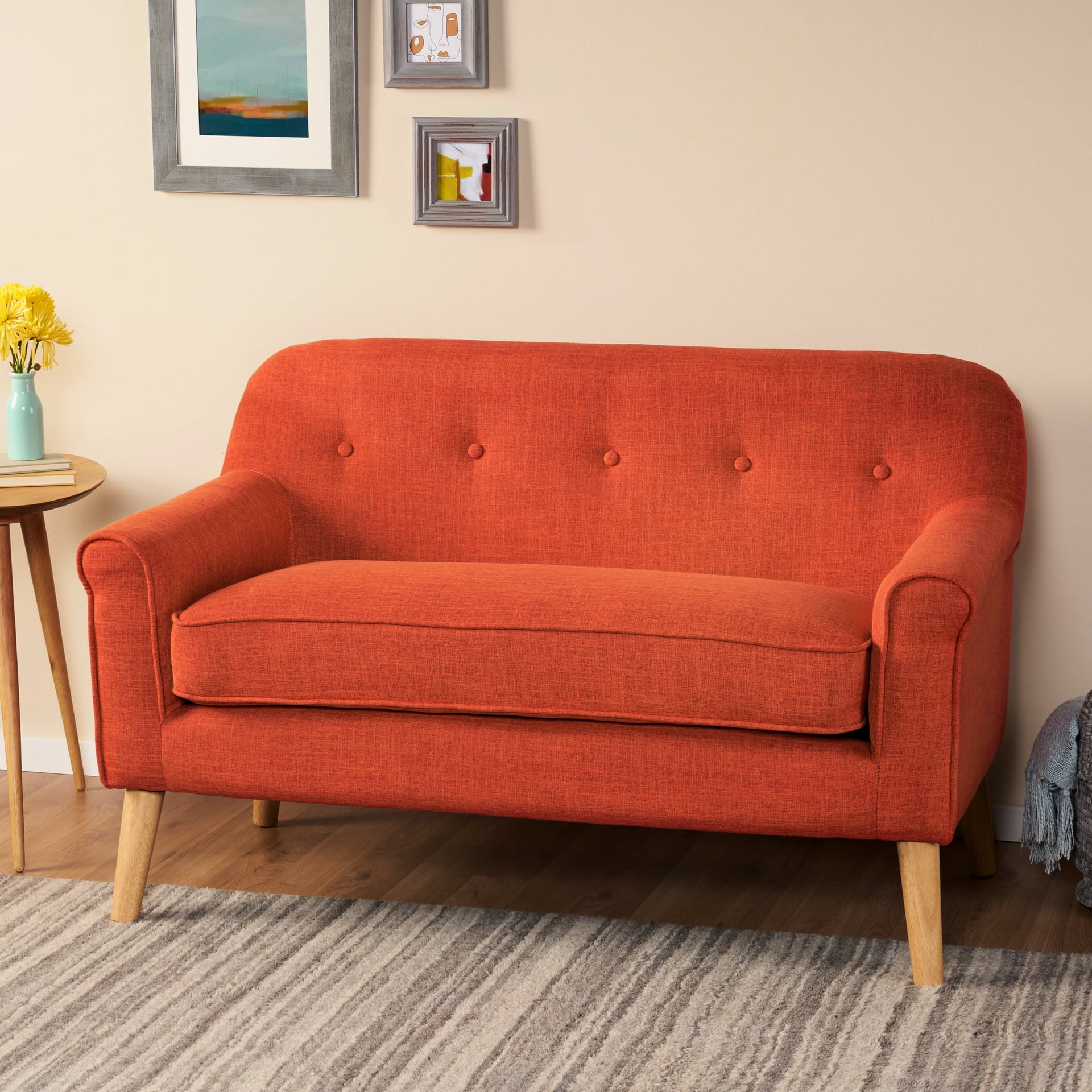 Charming Two With Fabric And Button Tufting, Birch Legs Brown, 29.72"d X 49.03"w 31.82"h, Orange ...