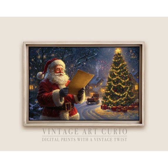Charming Vintage Santa Claus, Whimsical Winter Eve Scene With Nice List ...