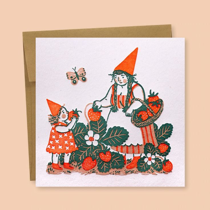 Charming Vintage Strawberry Picking Card – Delightful Illustration of ...