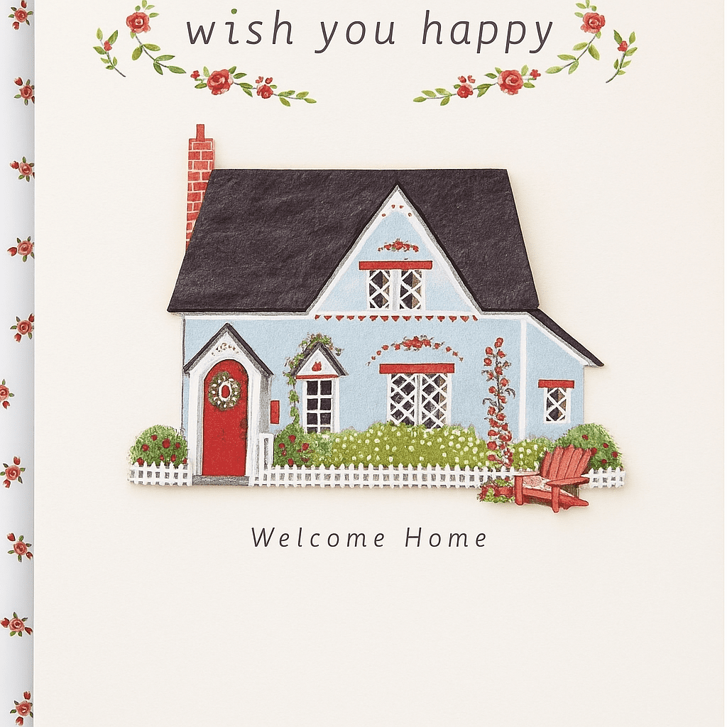 Charming Welcome Home Card – 3D House Design with Floral Accents ...