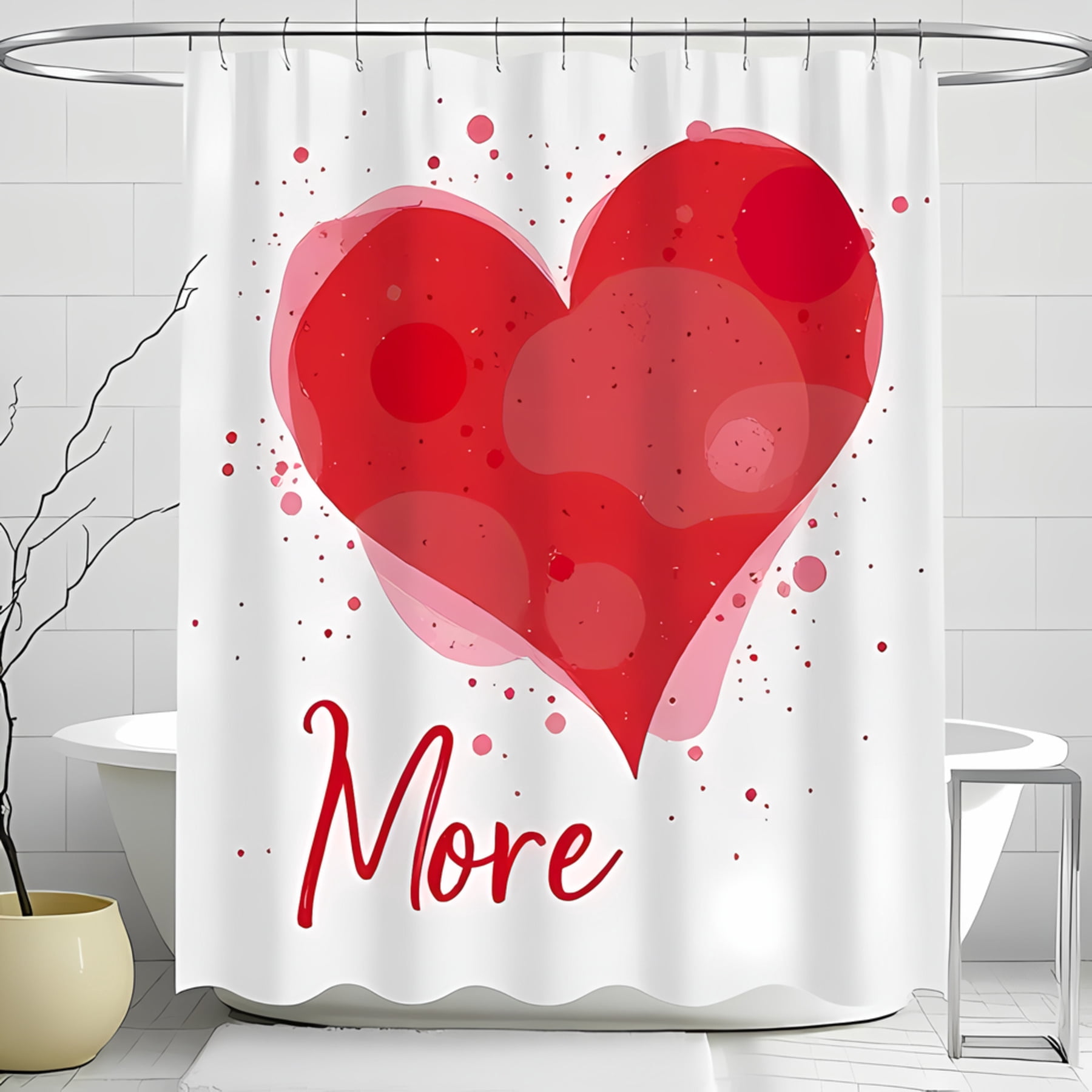 Charming White Shower Curtain with Large Red Heart Design & Cursive ...