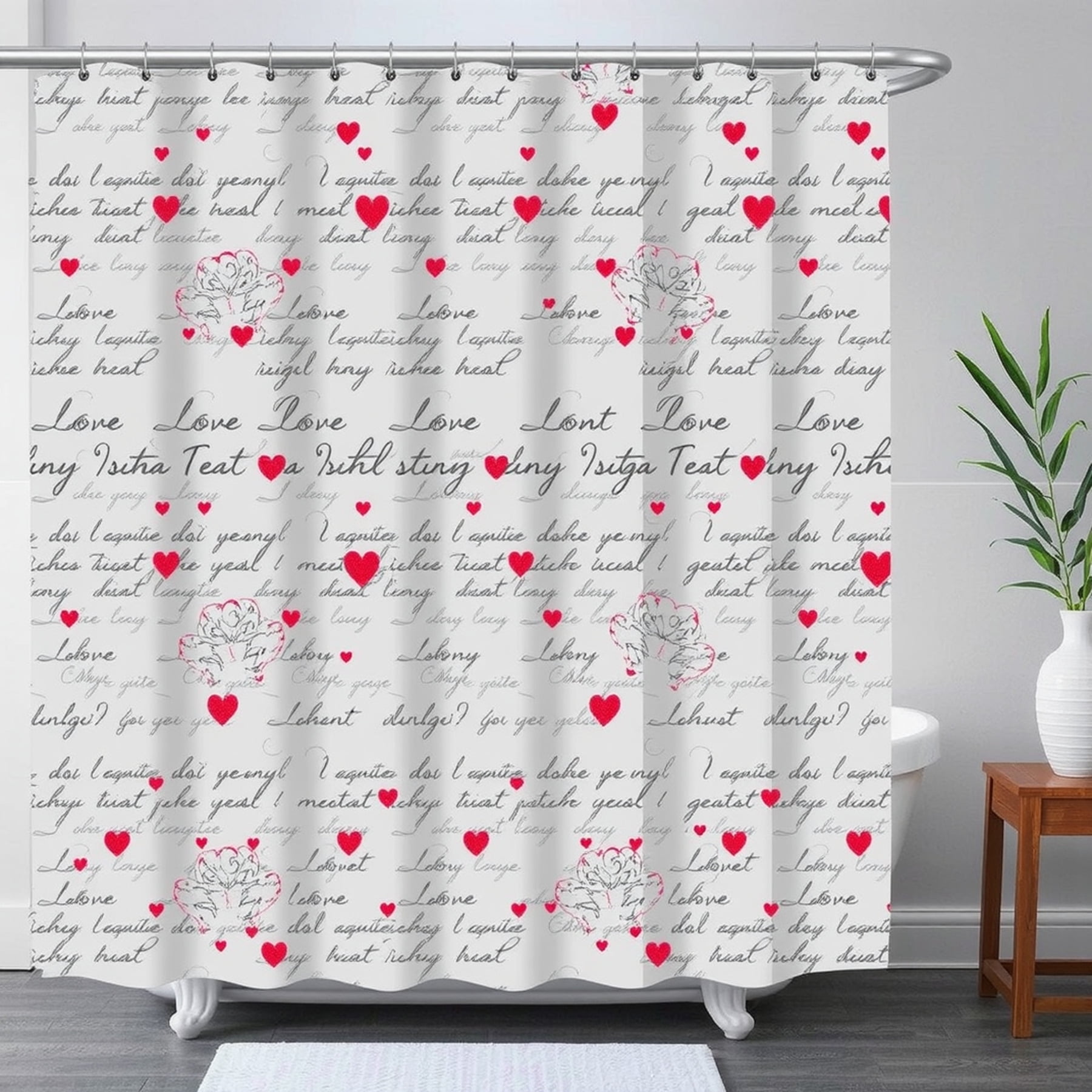 Charming White Shower Curtain with Pink Hearts & Grey Cursive Text ...
