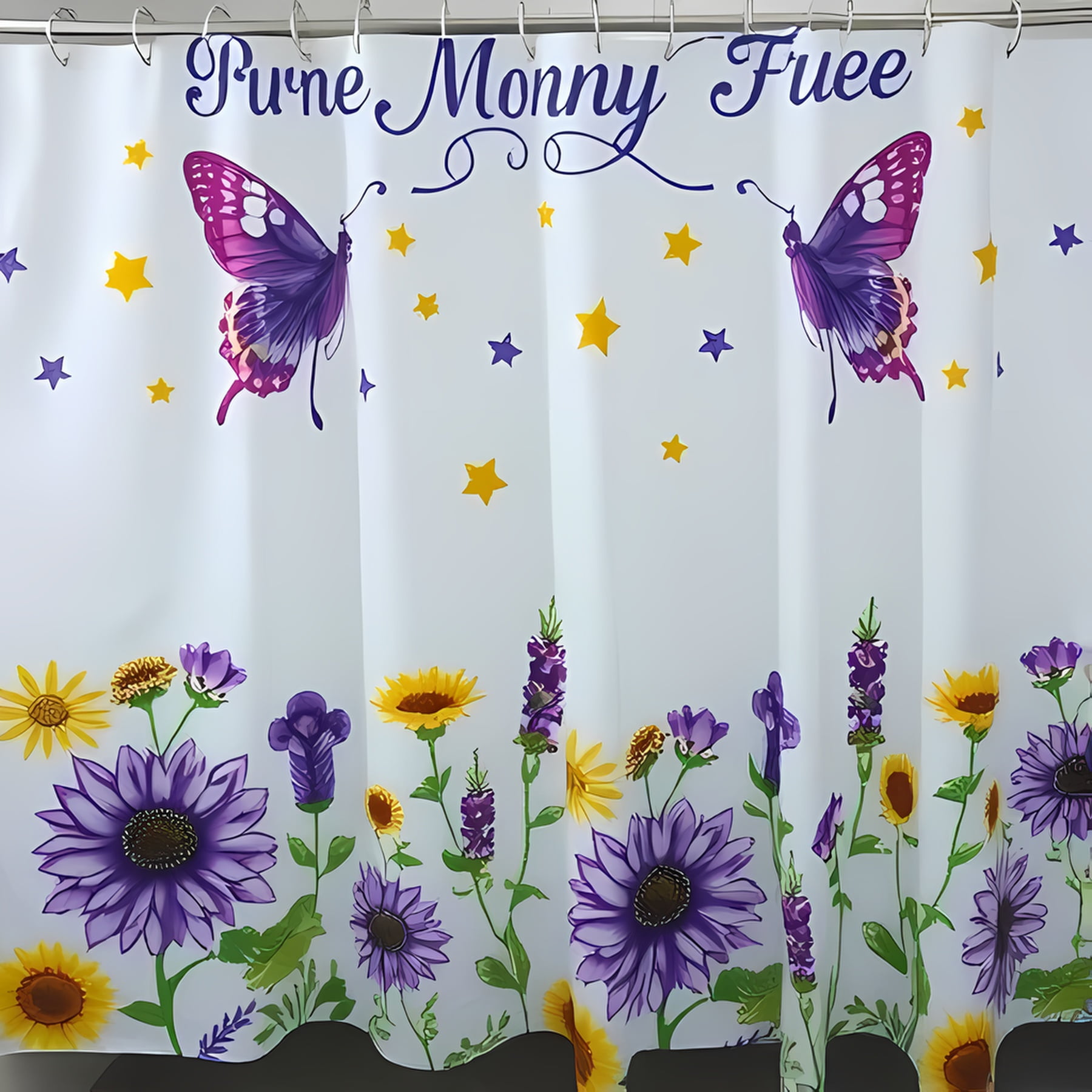 Charming White Shower Curtain with Purple Butterflies Floral Design ...