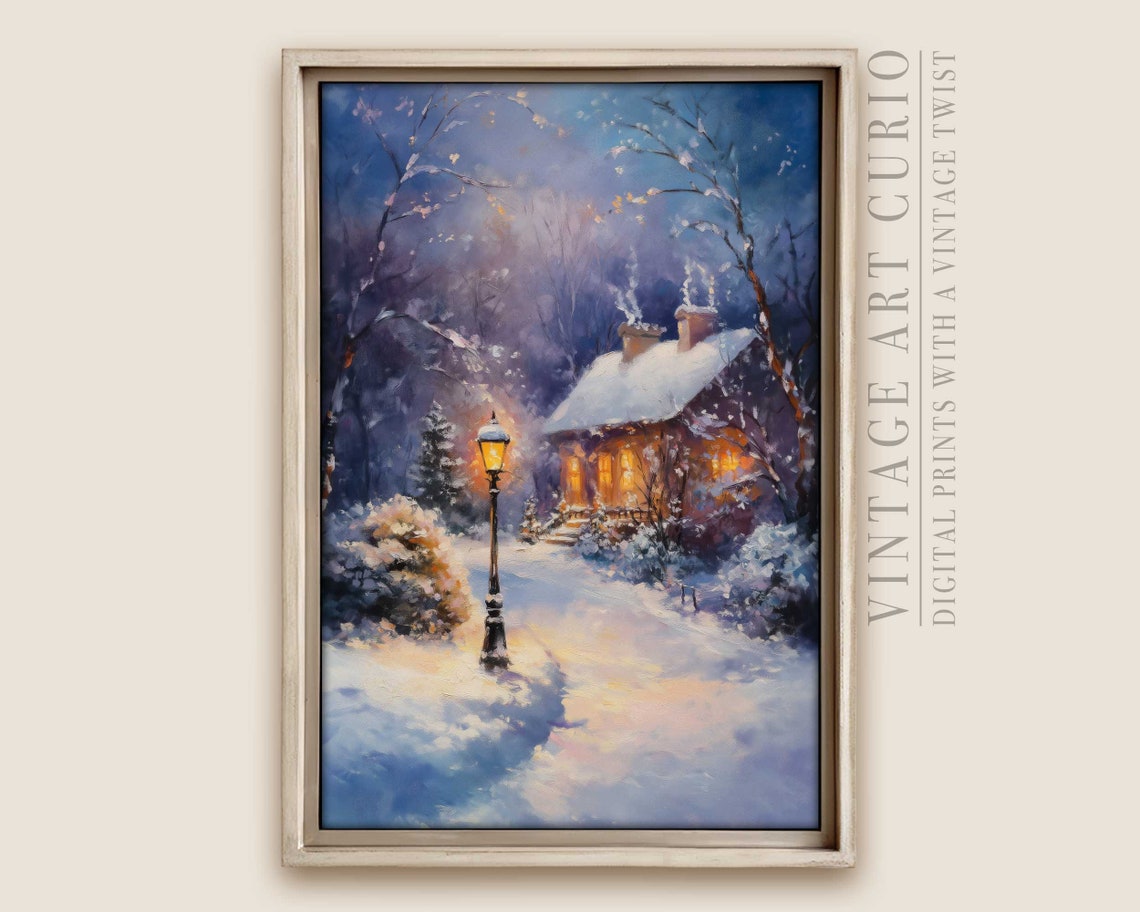Charming Winter Eve Scene Wall Art, Vintage Snowy Landscape For Decor ...