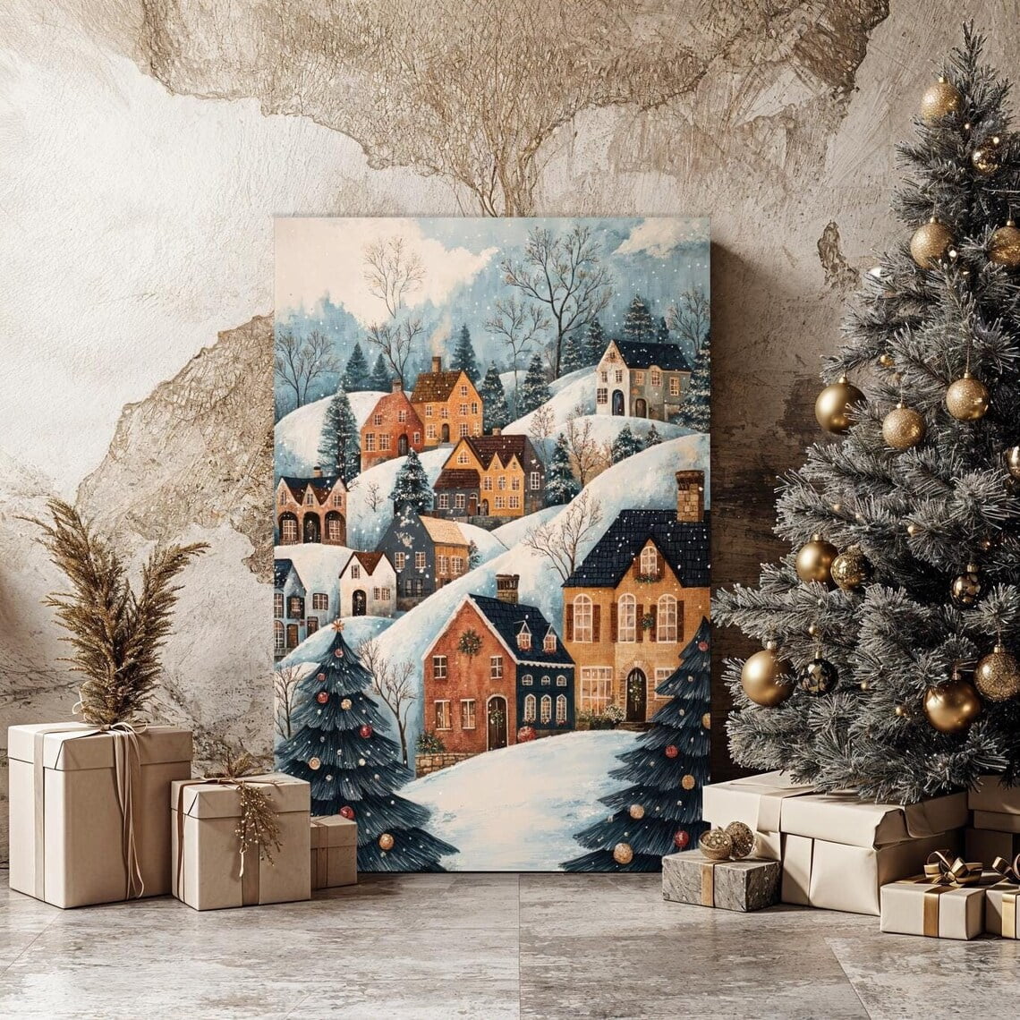 Charming Winter Village Wall Art Snowy Winter Town Scene Poster Decor ...