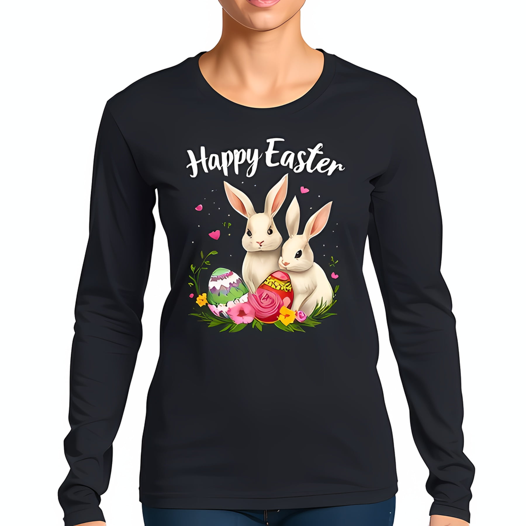 Charming Women's Long Sleeve T-Shirt with Easter & Flowers - "Happy ...