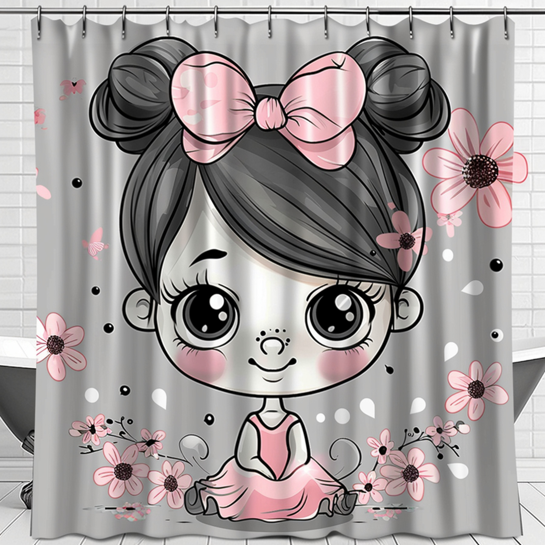 Charming chibi girl design with pink bow and flowers on gray background ...