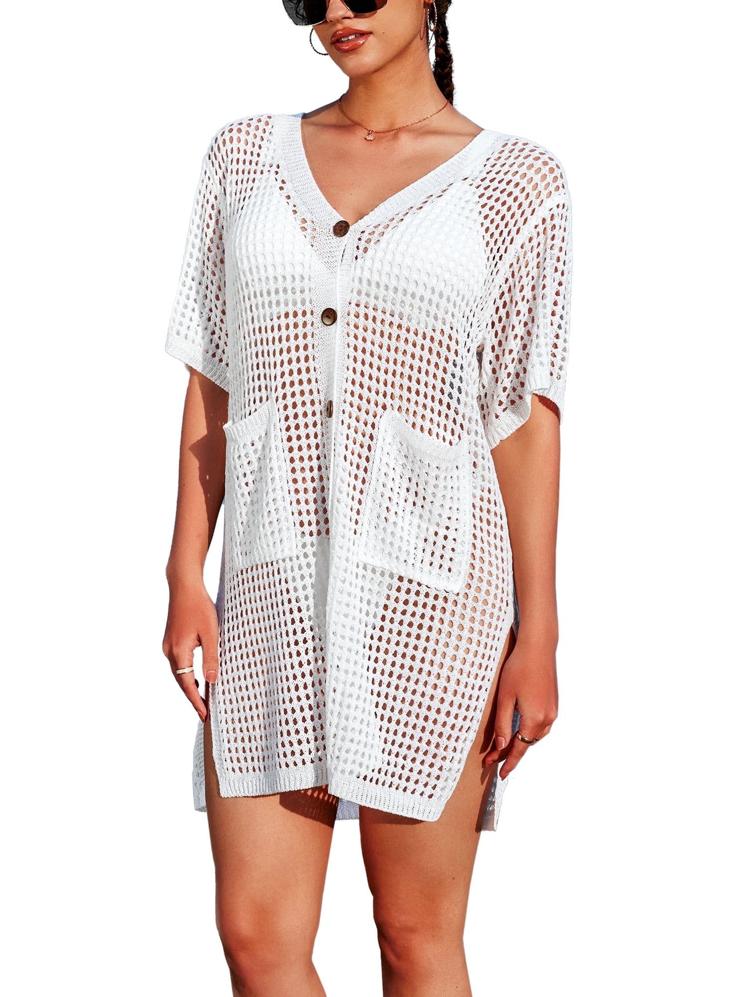 Charmo Short Sleeve Swim Cover up for Womens Side Split Botton One ...