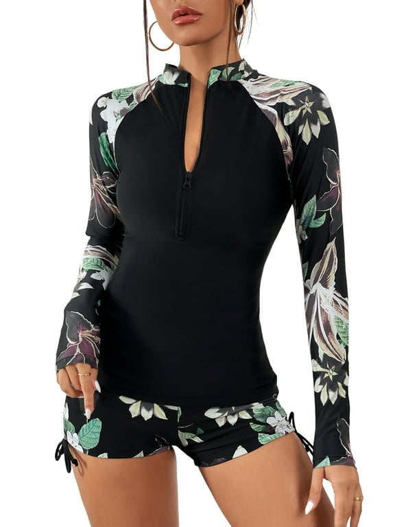 Charmo Women 2 Piece Rash Guard Zipper UV UPF 50+ Swimsuit Long Sleeve ...