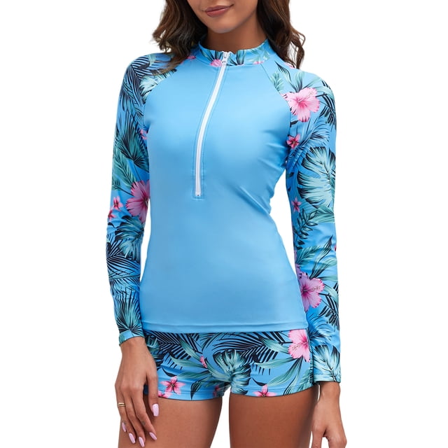 Charmo Women 2 Piece Rash Guard Zipper UV UPF 50+ Swimsuit Long Sleeve ...