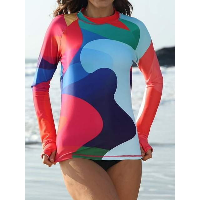 Charmo Women Color Blocked Swim Shirts Long Sleeve Rash Guard UPF 50+ UV Swimsuit Top - Walmart.com
