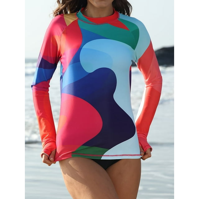 Charmo Women Color Blocked Swim Shirts Long Sleeve Rash Guard UPF 50+ UV Swimsuit Top - Walmart.com
