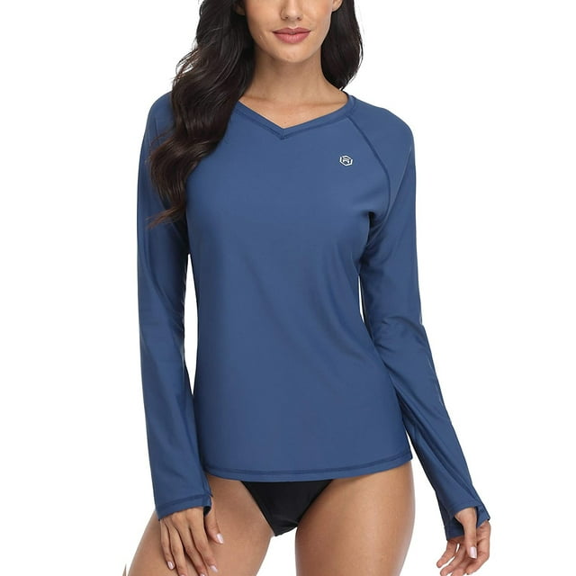 Charmo Women's UV Rash Guard Swim Top, Long Sleeve Sun Protection with Thumb Hole, UPF 50 V Neck ...