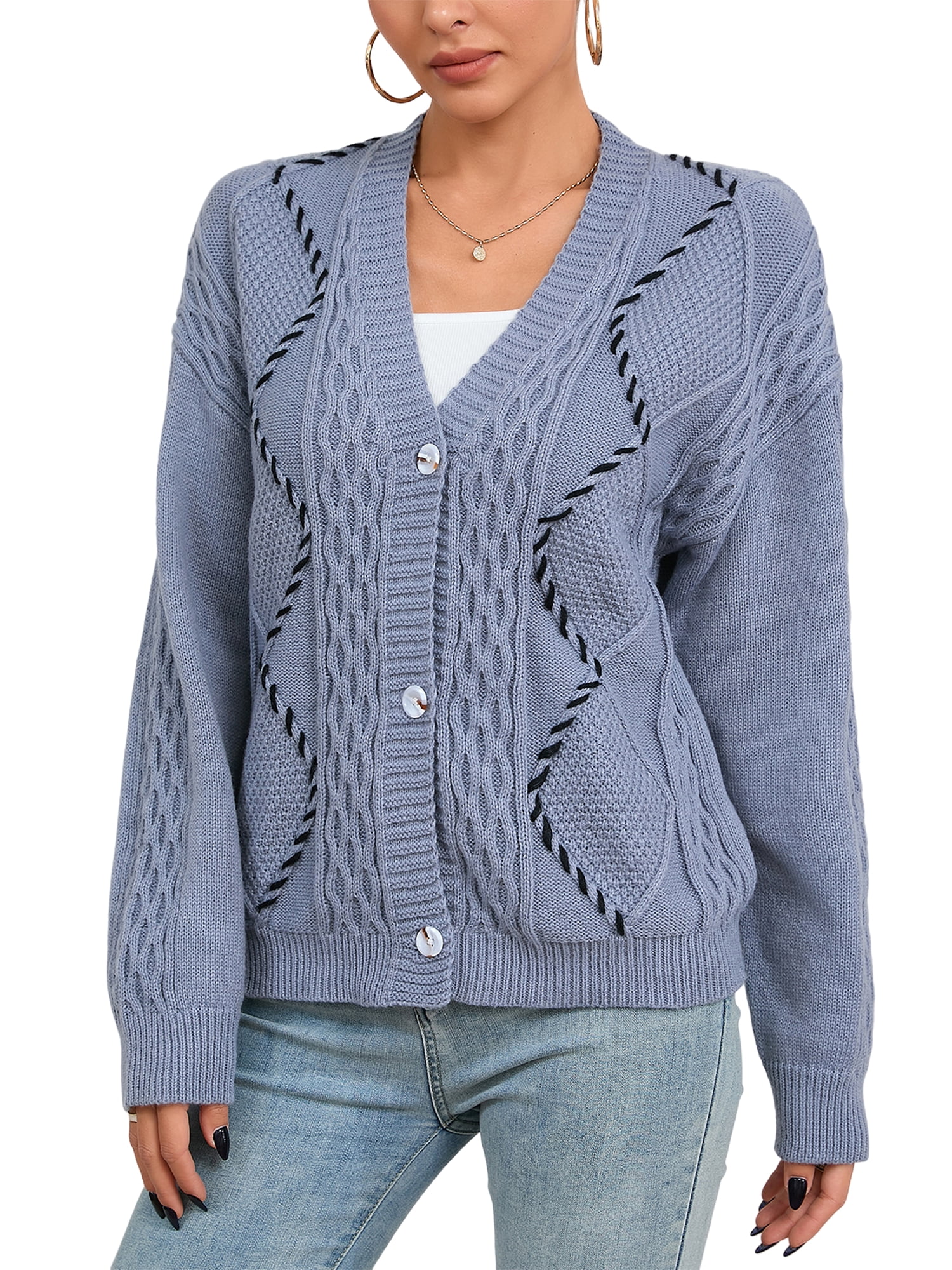 Charmo Women's Cable Knit Open Front Button Down Cardigan Sweater Long ...