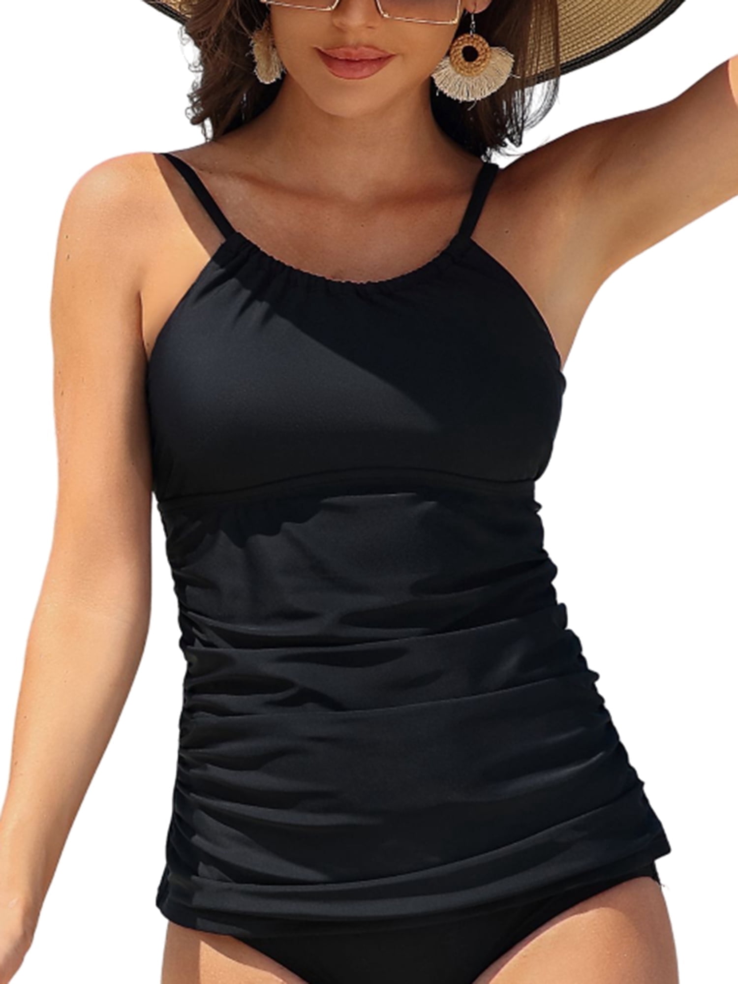 Charmo Women's High Neck Tankini Top Tummy Control Swimsuit Ruched Sun ...
