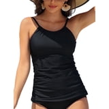 Charmo Women's High Neck Tankini Top Tummy Control Swimsuit Ruched Sun ...