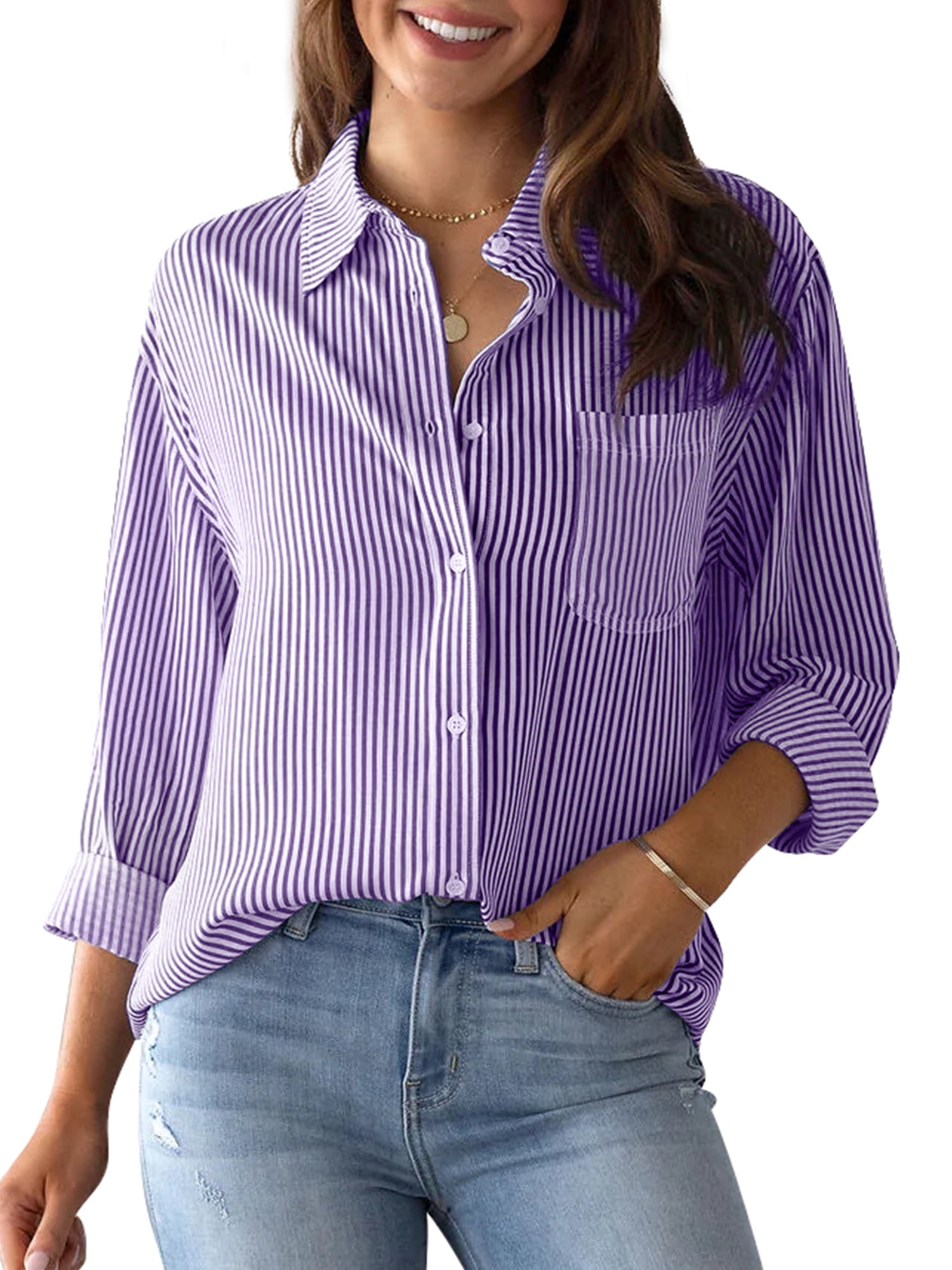 Charmo Women's Striped Button Down Blouses Casual Long Sleeve Shirts ...