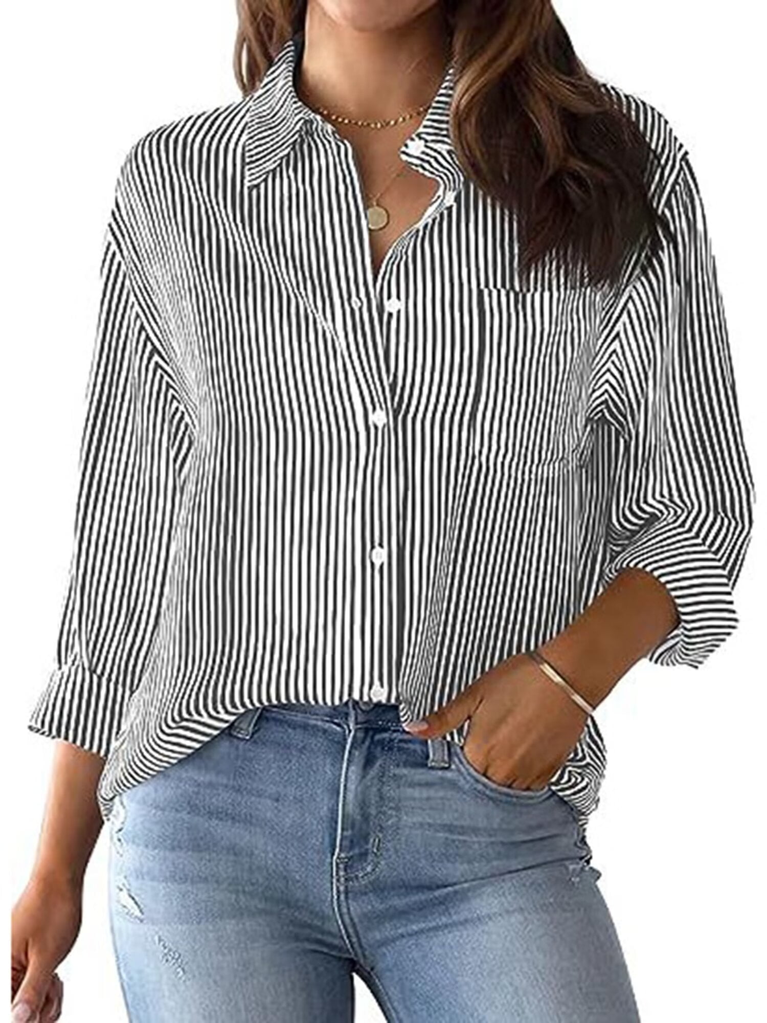 Charmo Women's Striped Button Down Blouses Casual Long Sleeve Shirts ...