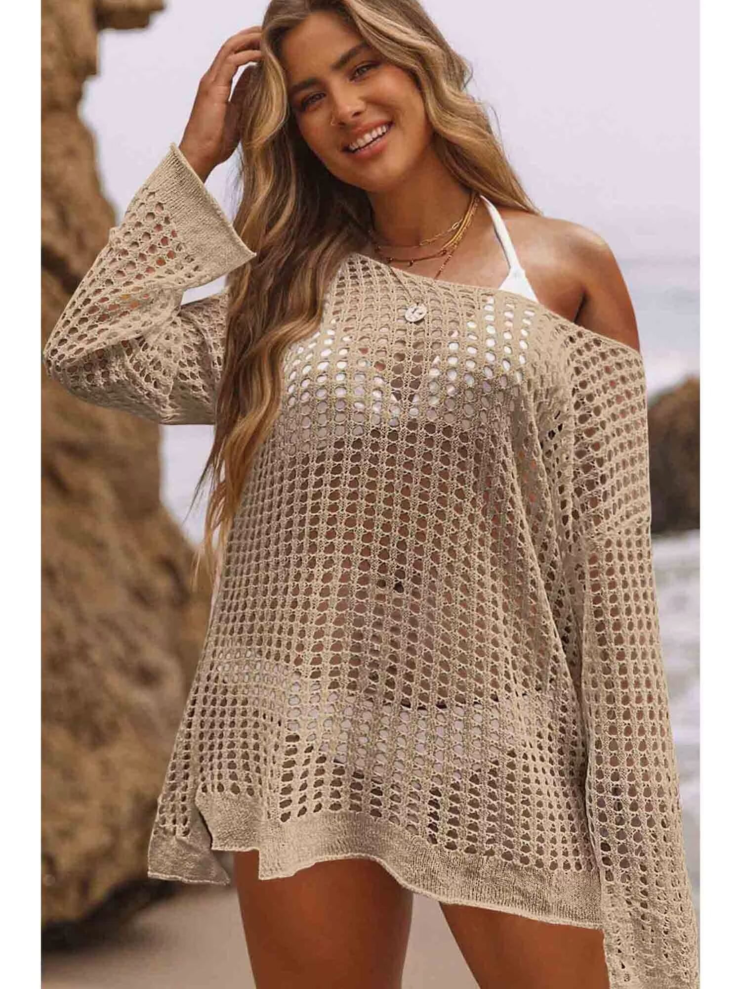 Charmo Womens Crew Neck Crochet Top Long Sleeve Swim Cover Ups Swimsuit ...