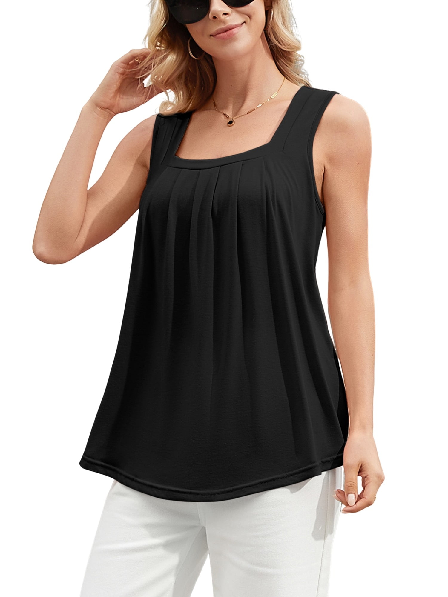 Charmo Womens Pleat Square Neck Tanks Tops Flowy Casual Tunic Blouses ...