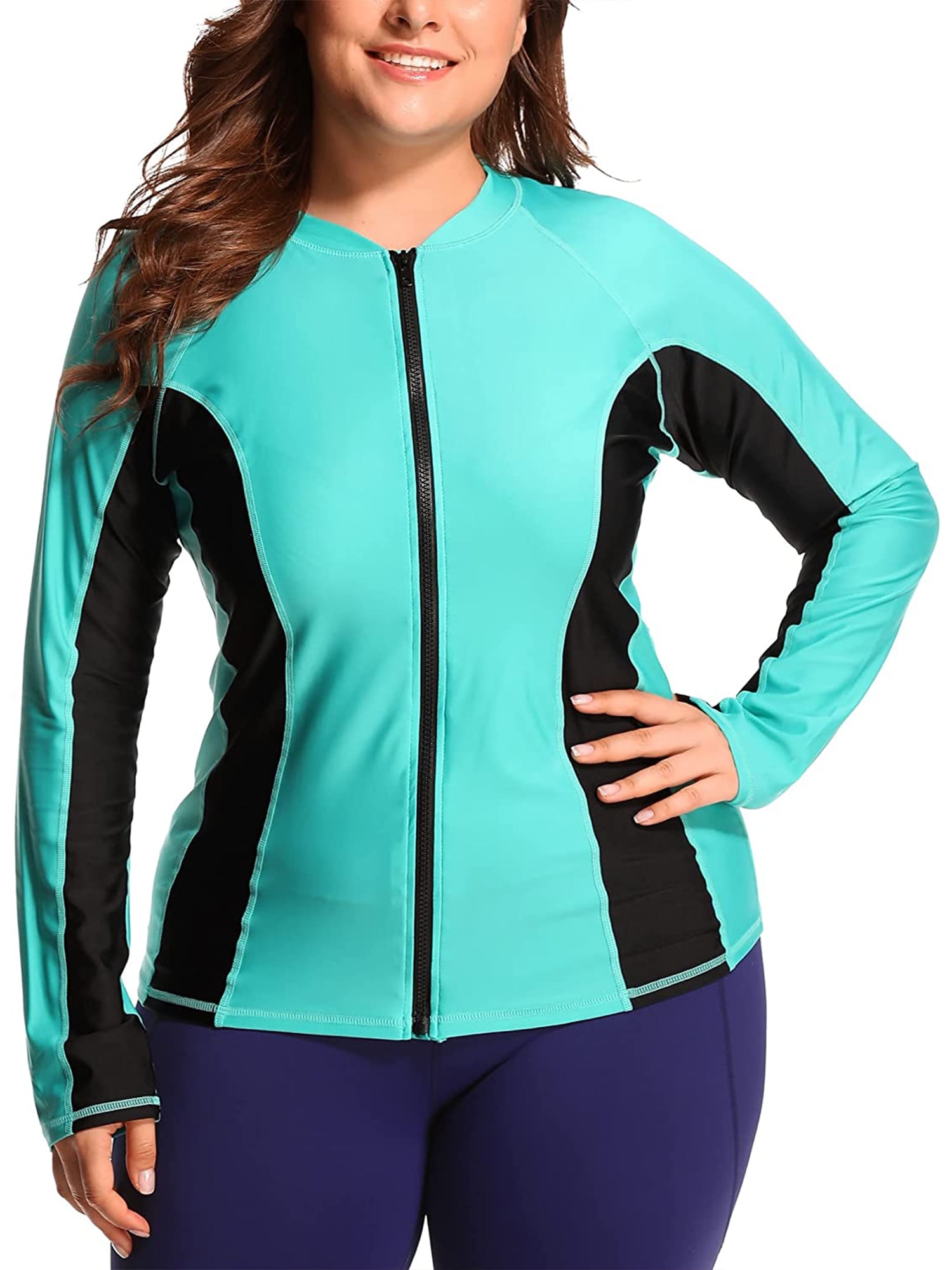 Charmo Womens Plus Size Long Sleeve Rash Guard Top Zipper Swimsuit Swim ...