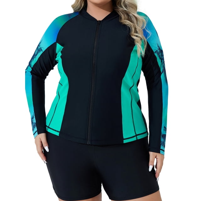 Charmo Womens Plus Size Long Sleeve Rash Guard Top Zipper Swimsuit Swim ...