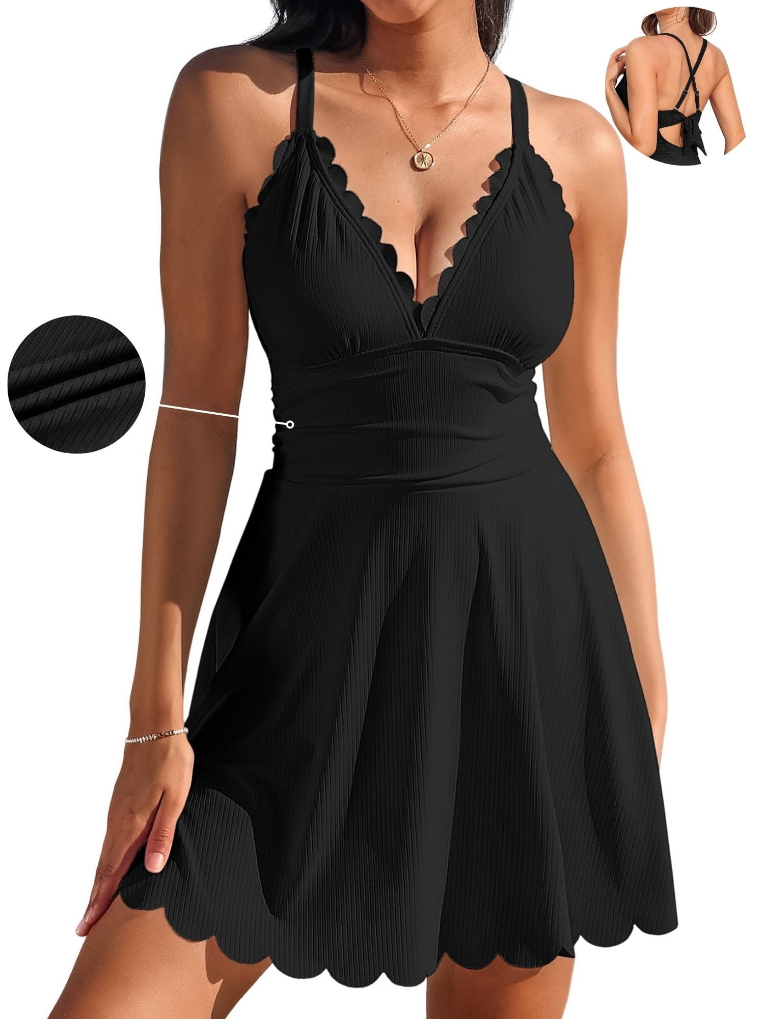 Womens Ribbed One Piece Monikini Swimsuit Scalloped V Neck Swimdress ...